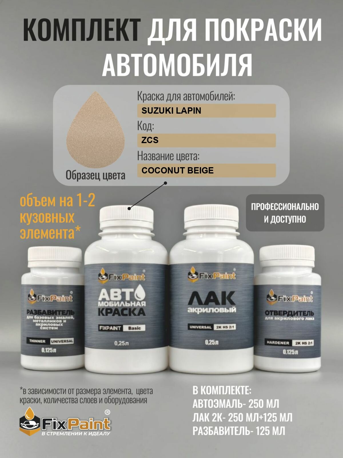 Комплект для покраски SUZUKI LAPIN, код ZCS, COCONUT BEIGE, базовая автомобильная краска 250 мл, лак 2K 250 мл с отвердителем, разбавитель 125 мл, FixPaint Pro