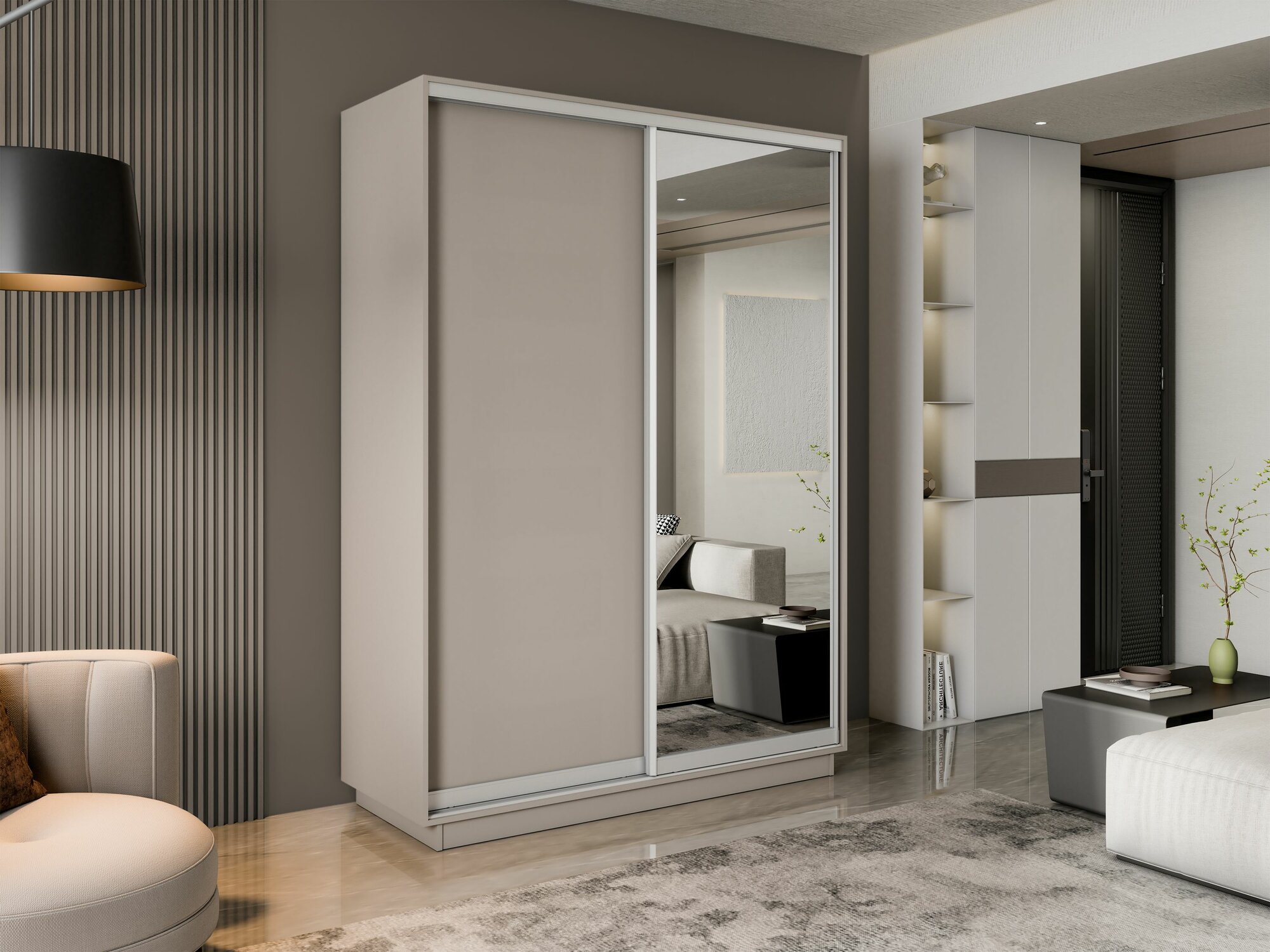 Шкаф купе Вилли 2-х дверный ЛДСП с зеркалом, профиль серебро 120 см х 240 см х 60 см (Кашемир)