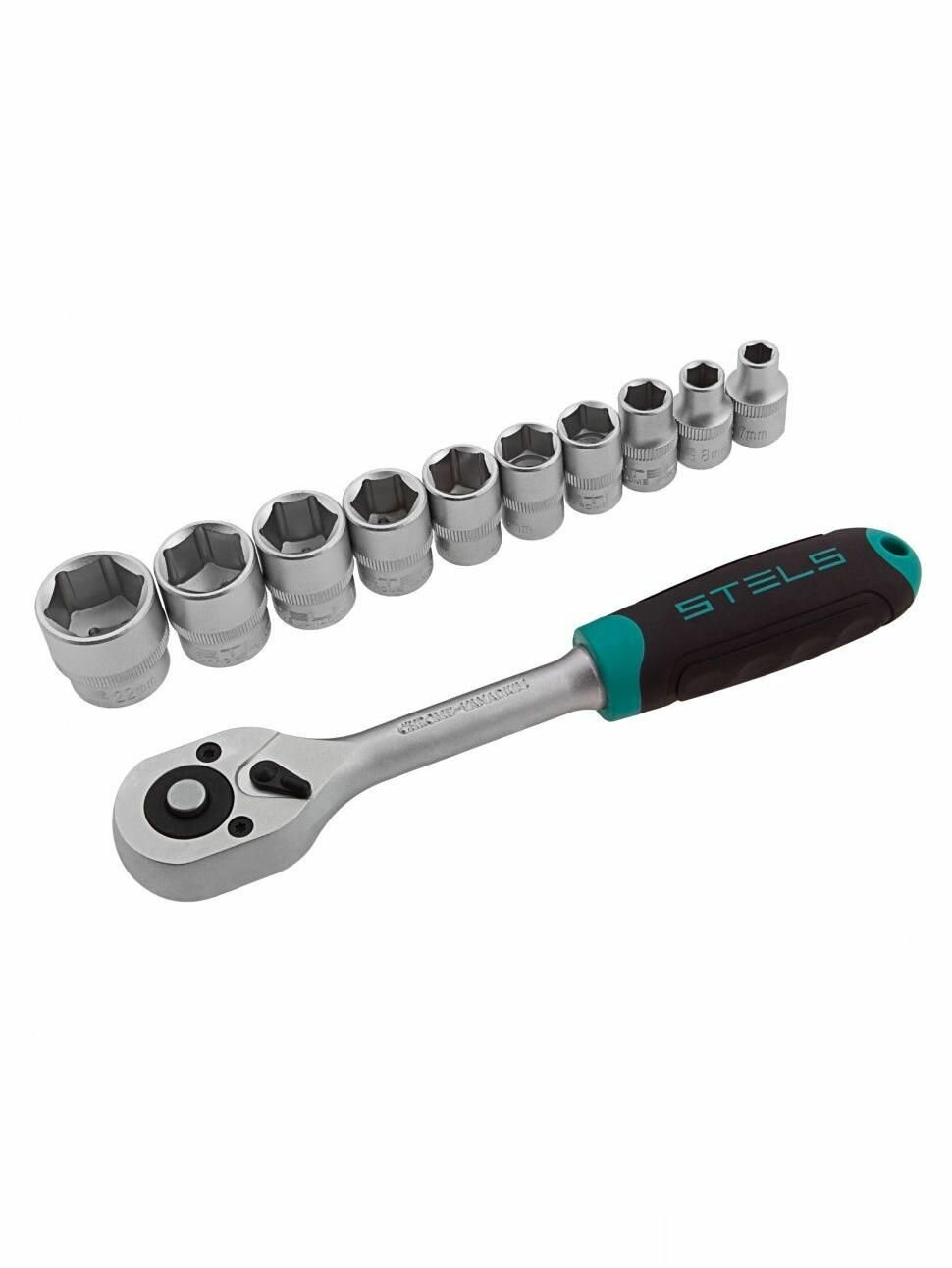 Набор торцевых головок, 3/8, головки 7-22 мм, с трещоточным ключом, CrV, 11 предметов Stels 14126