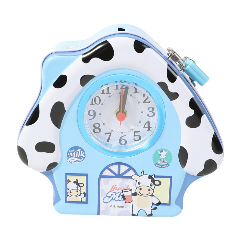 Металлическая копилка в форме домика с принтом коровы и часами – запираемое хранилище для монет, подарок для детей или награда за праздник