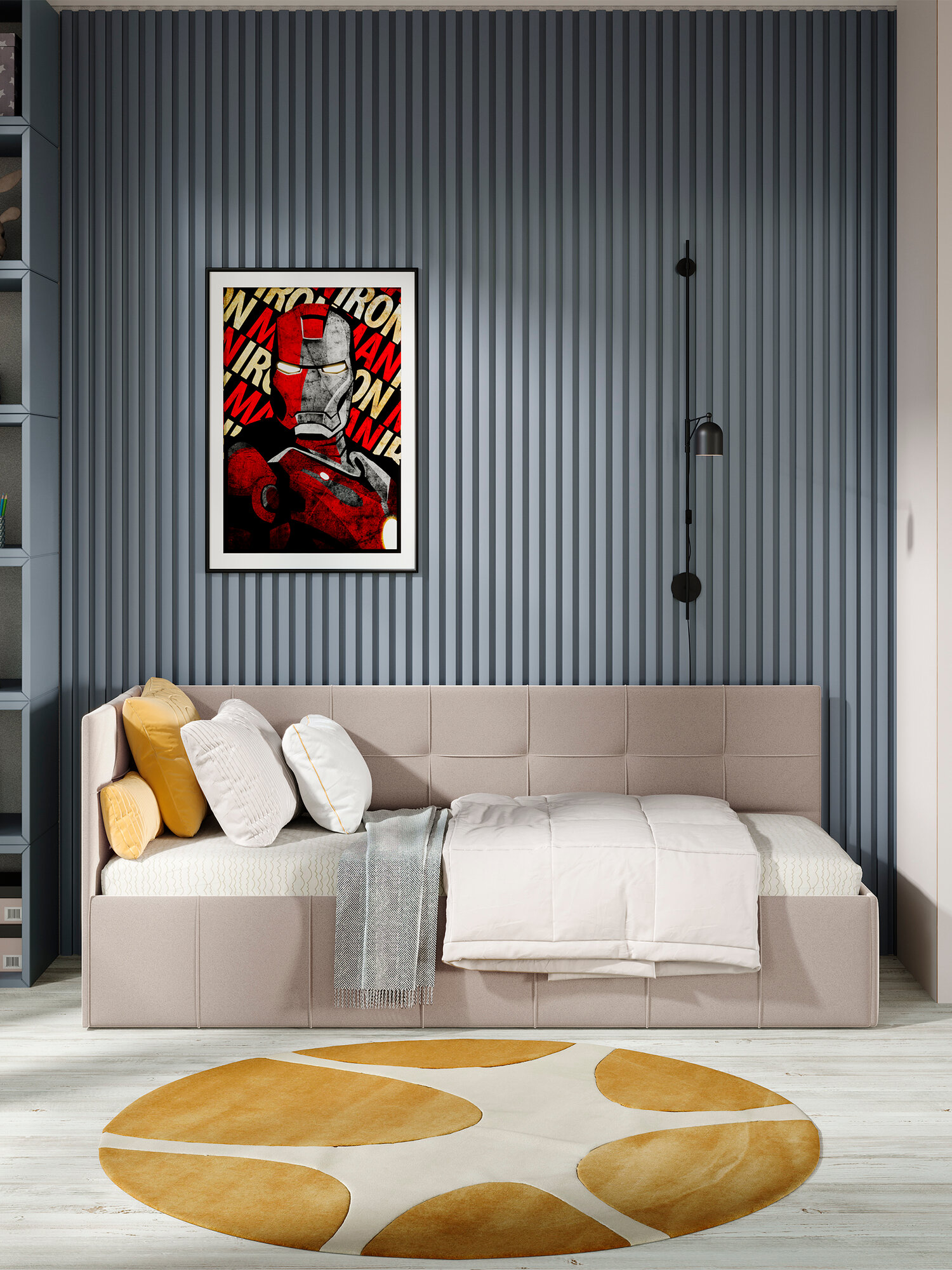 Кровать с мягкой обивкой с ПМ (с подъемным механизмом) «Грей» Тип 1 Велюр Galaxy серо-бежевый