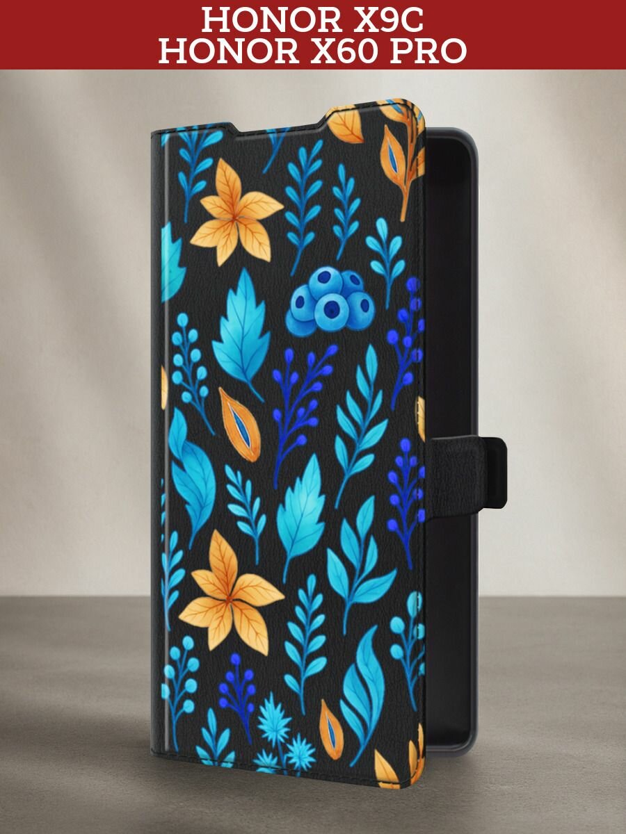 Чехол-книжка на Honor X9C/Honor X60 Pro / Хонор Х9С/Хонор Х60 Про с рисунком Черничный гербарий, черный