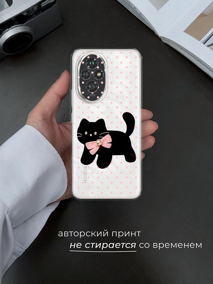 Чехол на Honor 200 / Хонор 200 с принтом Черный котик с бантом, прозрачный — фото 1