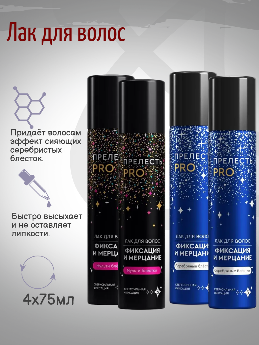 Прелесть Professional Лак для волос с блестками Мульти,2x75мл, с блестками Серебро 2x75мл