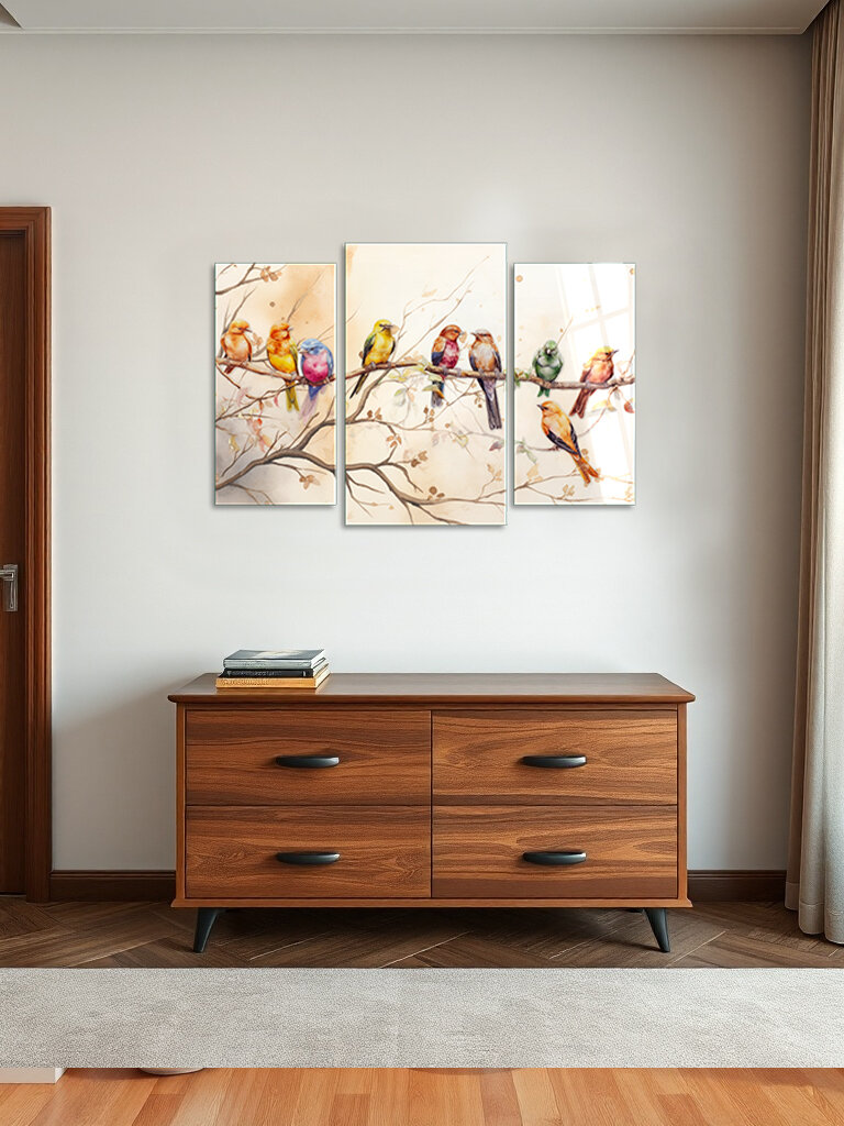 Картина модульная 100х70 см на стекле для интерьера/ Птички на ветке , Diva Kartina