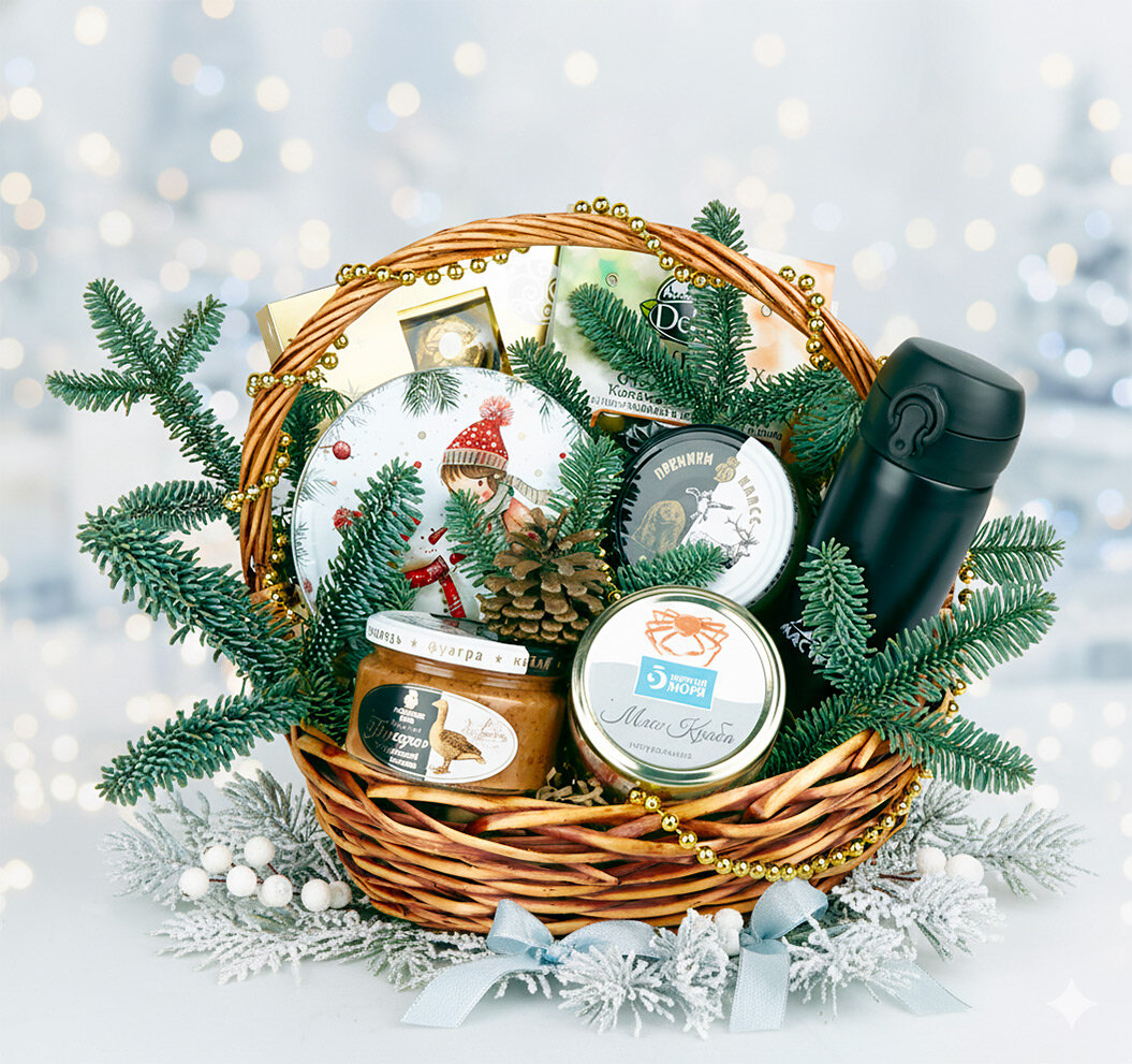 Новогодняя корзина «Тепло» с термосом и деликатесами