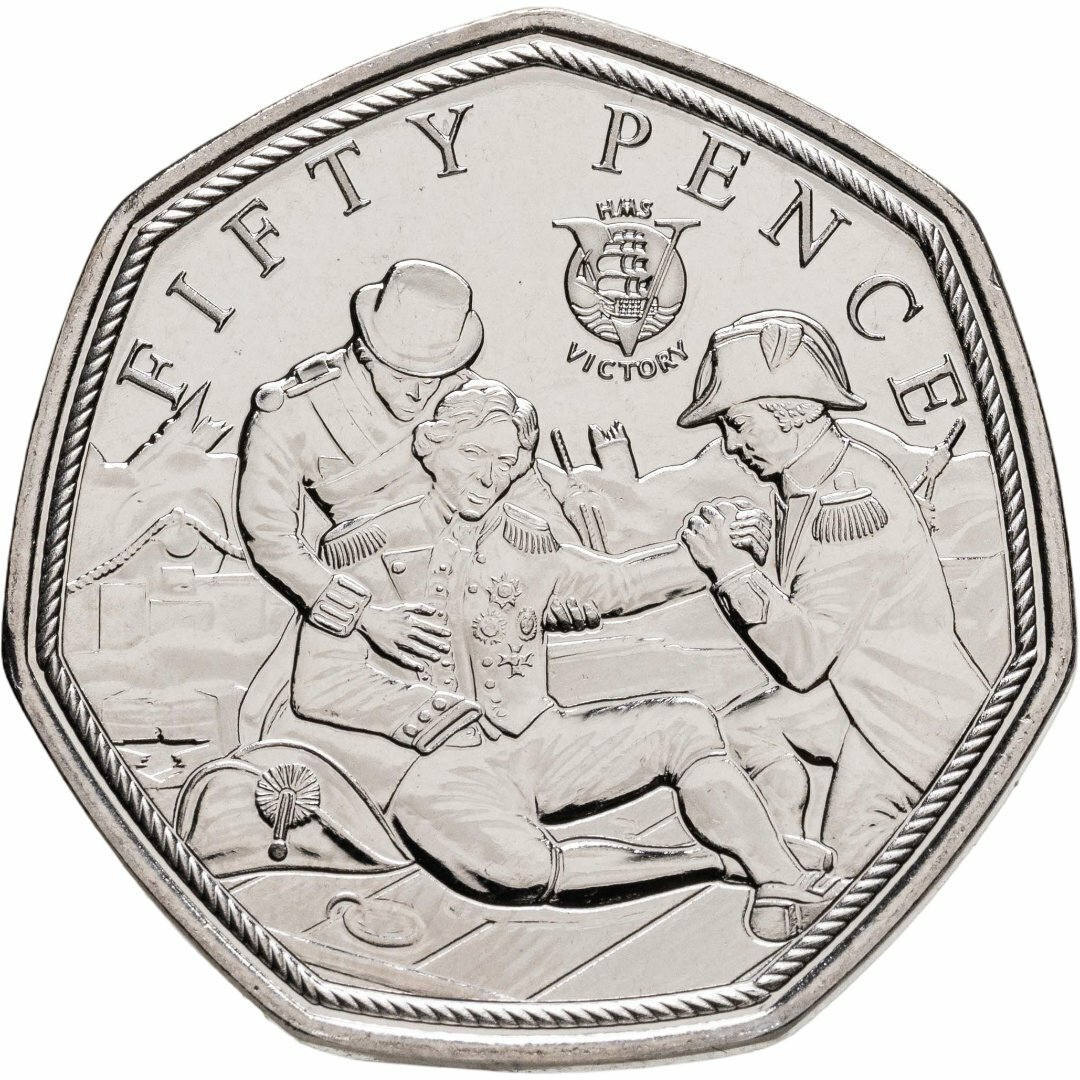 Джерси 50 пенсов pence 2022 "HMS Victory - Нельсон, пораженный мушкетной пулей", Мельхиор медь-никель, в сохранности BUNC