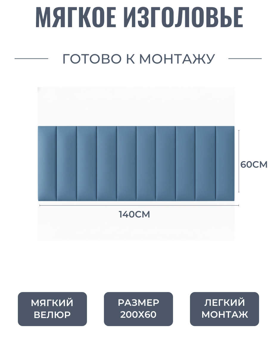Спинка для кровати мягкая, изголовье 140 на 60 сантиметров, голубой велюр, рисунок 10 вертикальных полос