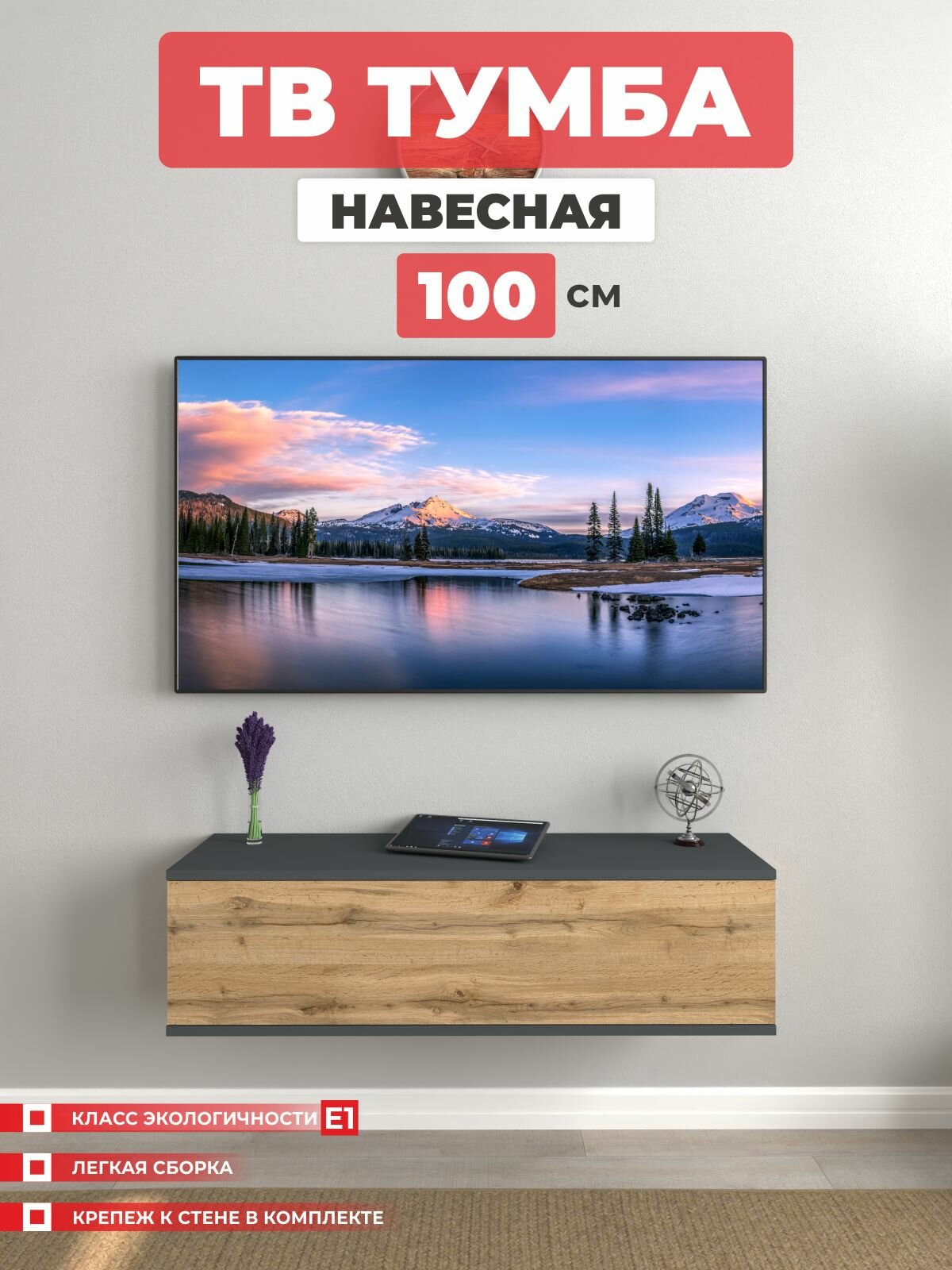 Тумба под ТВ подвесная, парящая Лофт 100 см, Графит + Дуб вотан