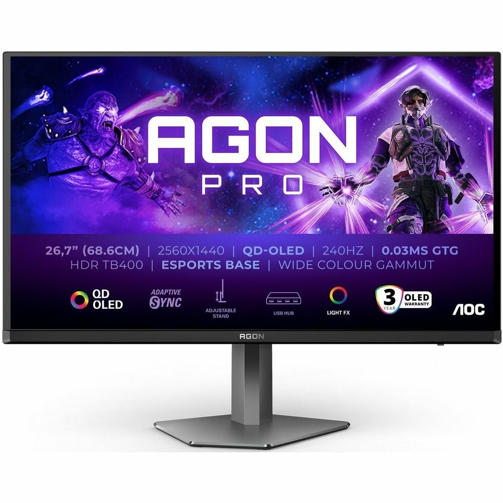 Монитор 26.5" AOC AGON AG276QZD2 Black-Grey (QD-OLED, 2560x1440, HDMI 2.0×2, DisplayPort 1.4×2, USB 3.2 Gen1×2, 0.03 ms, 178°/178°, 1000 cd/m, 1,5 млн:1, 240Hz, Pivot)