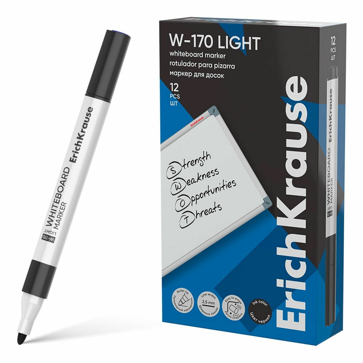 Маркер для досок Erich Krause W-170 Light (круглый наконечник, 2.5мм, черный) (63567), 12шт.