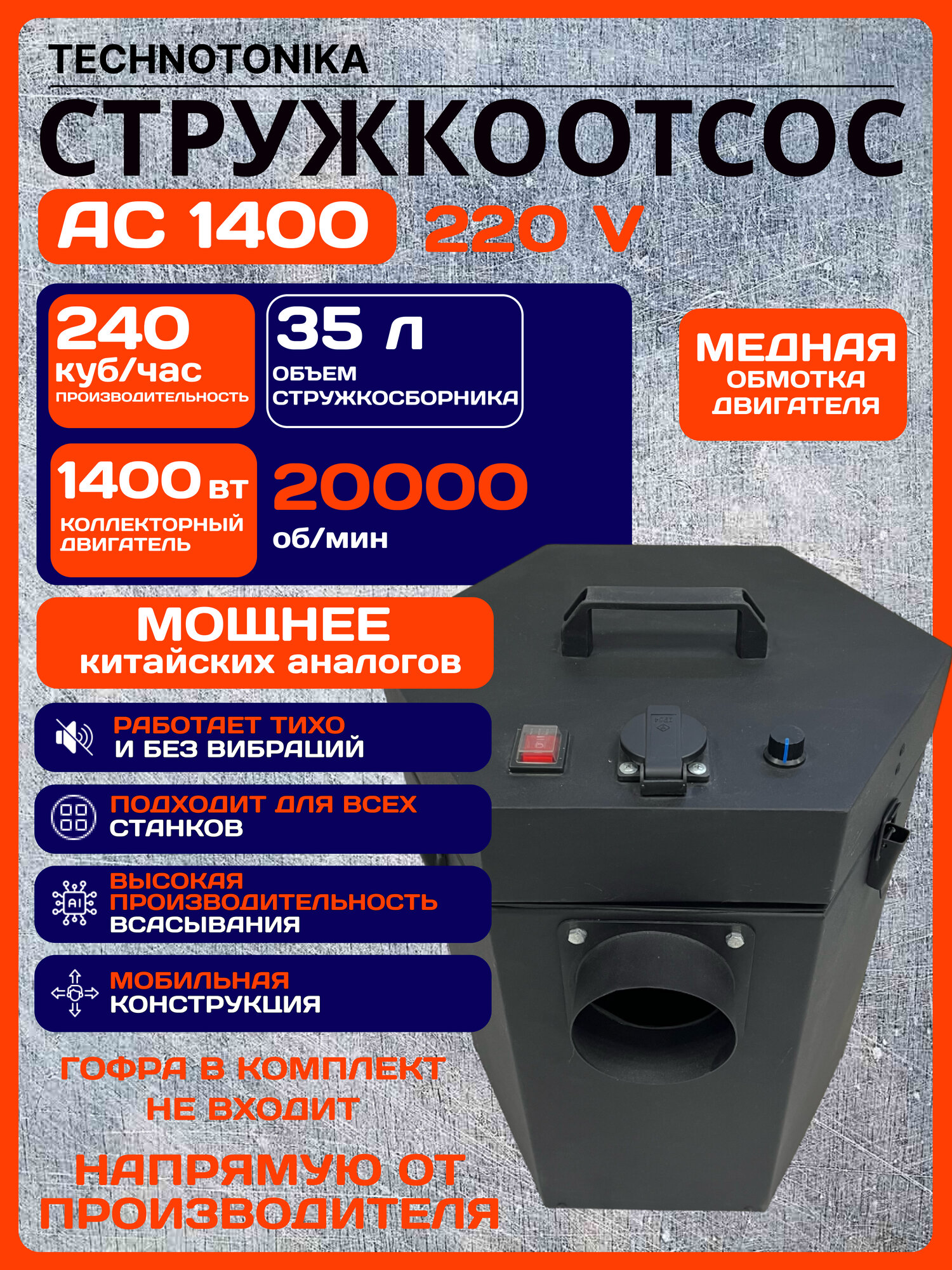 Стружкоотсос (вытяжная установка/вытяжка для стружки) TECHNOTONIKA АС-1400 коллекторный двигатель 220v 50 Гц