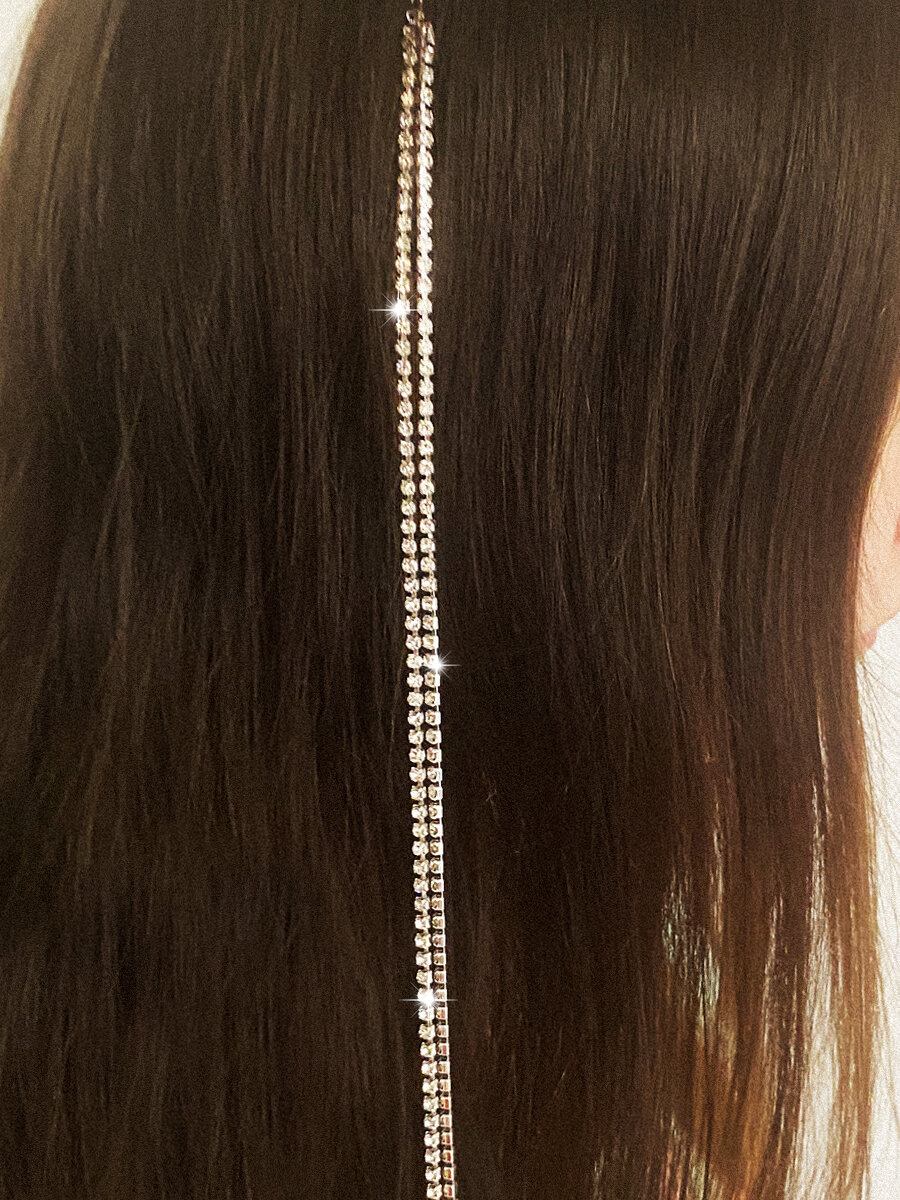 Украшение для волос, cтразы на заколке, стразовая нить, длина 50 см, заколка-клип, серебристое