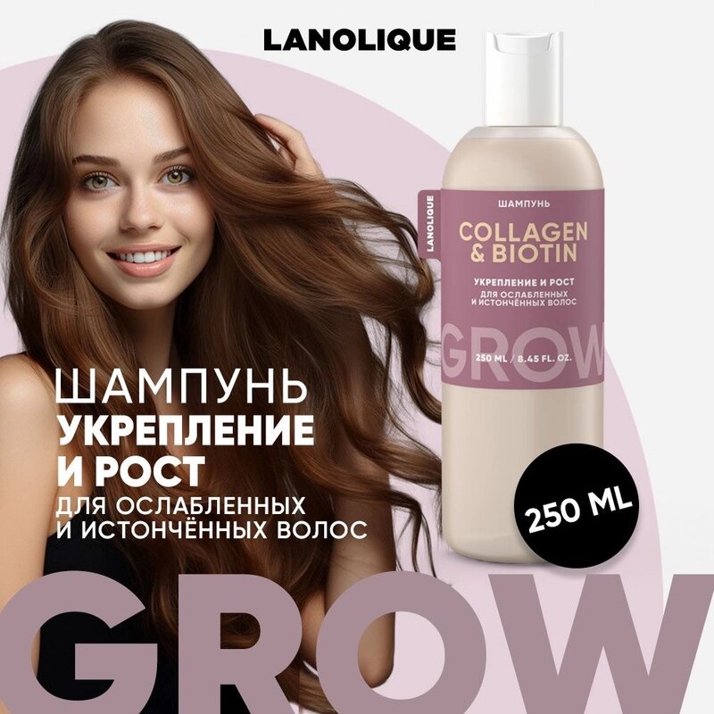 Lanolique / Шампунь для волос женский для роста от выпадения GROW, 250 мл