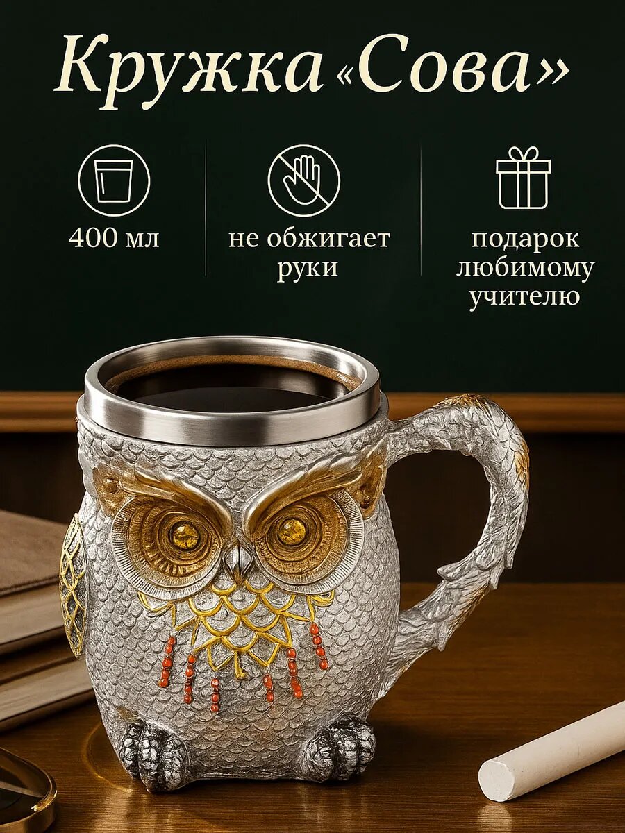 Кружка SKYPHOS «Сова» 400мл, из металла и полистоуна, для горячих напитков, серебристая