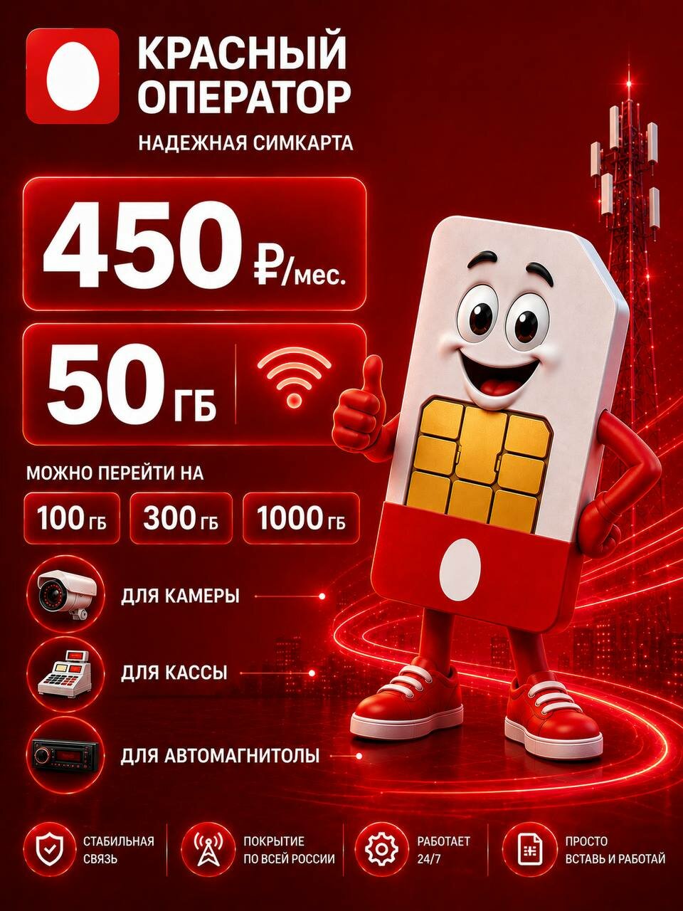NEW Красная симкарта 50 ГБ 450р/мес тариф с раздачей для всех устройств