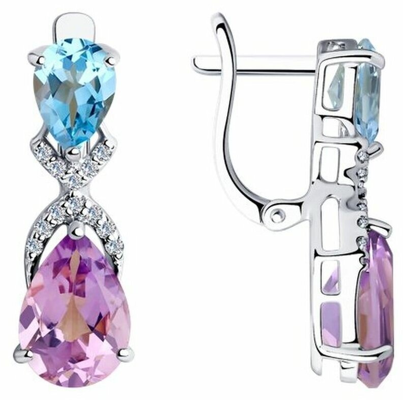 Серьги, серебро, 925 проба, родирование, топаз, аметист, фианит