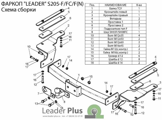 Фаркоп ТСУ Ssang Yong Rexton 03 07 Kyron 2 2007 2015 со съем. шаром Лидер Плюс без электропакет S205-FC