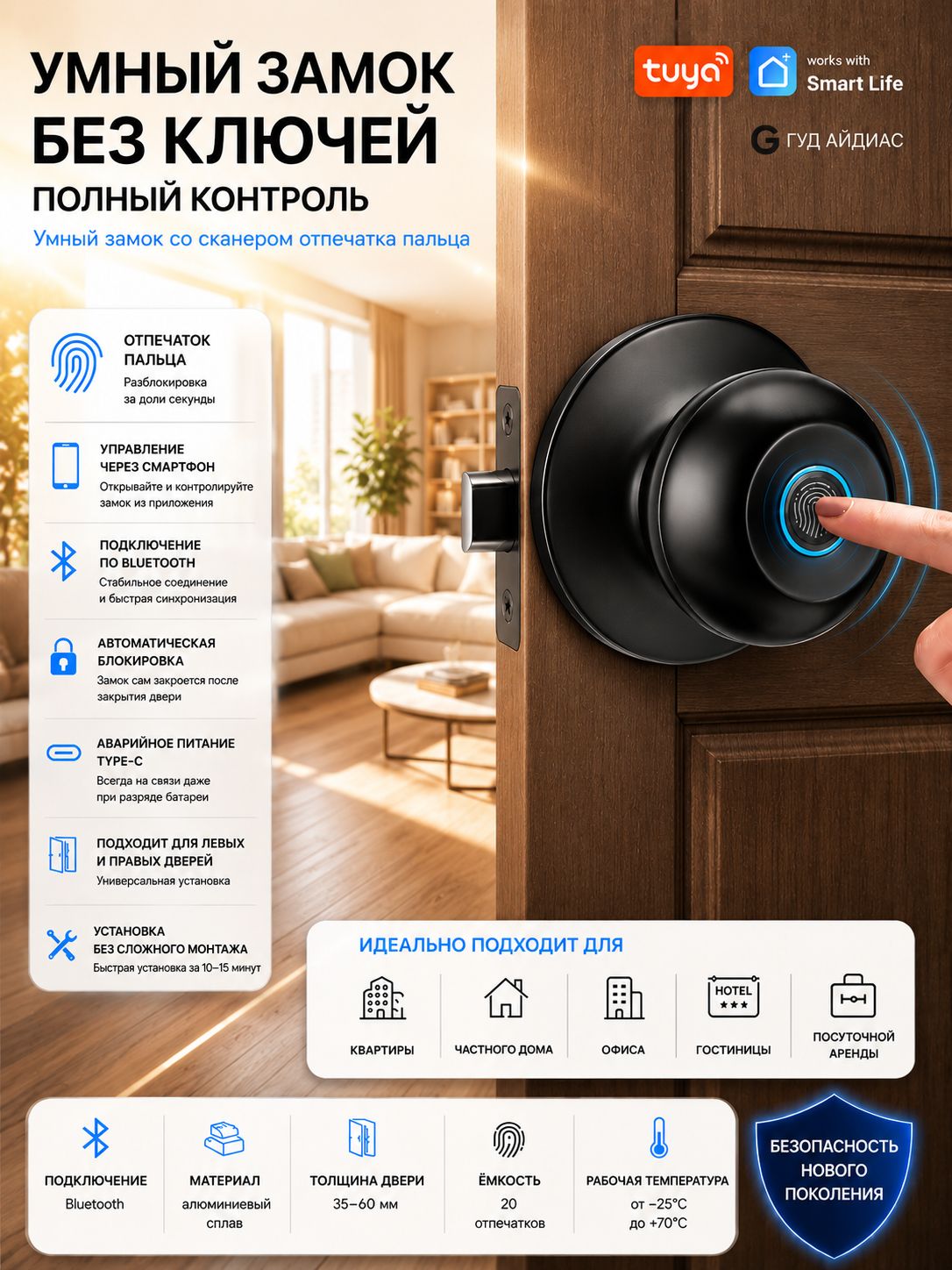 Умная дверная ручка со сканером отпечатка пальца Good Ideas, Умный замок