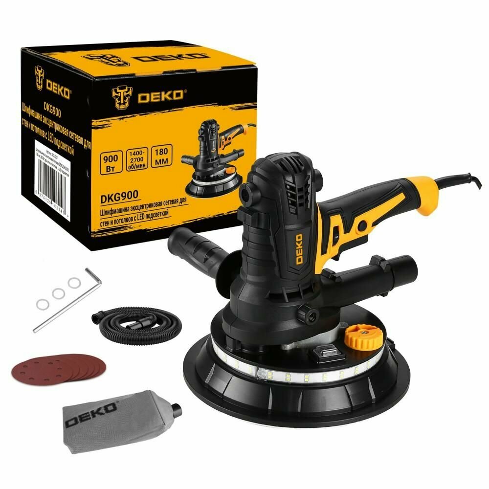 Шлифмашина эксцентриковая сетевая DEKO DKG900, 180 мм, 900 Вт, для стен и потолков, с LED подсветкой 063-2207
