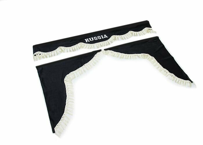 Ламбрекен лобовой 1.5м. бархат с надписью RUSSIA + боковые (черный + белая бахрома)