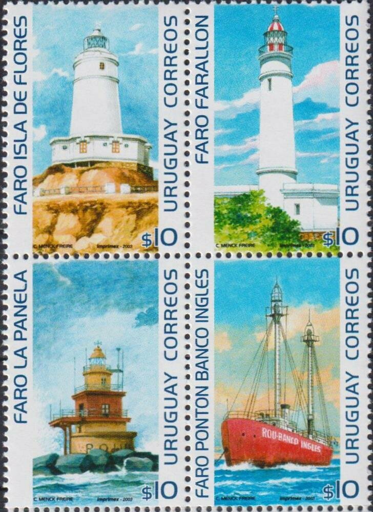 Почтовые марки Уругвай 2004г. "Маяки" Корабли, Маяки MNH