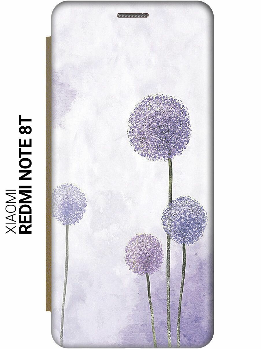 Чехол-книжка на Xiaomi Redmi Note 8T, Сяоми Редми Ноут 8Т с 3D принтом "Сиреневые одуванчики" золотой