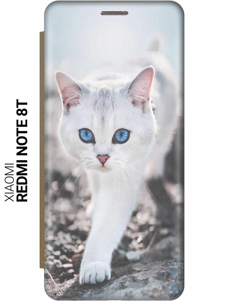 Чехол-книжка на Xiaomi Redmi Note 8T, Сяоми Редми Ноут 8Т с 3D принтом "Голубоглазый кот" золотой