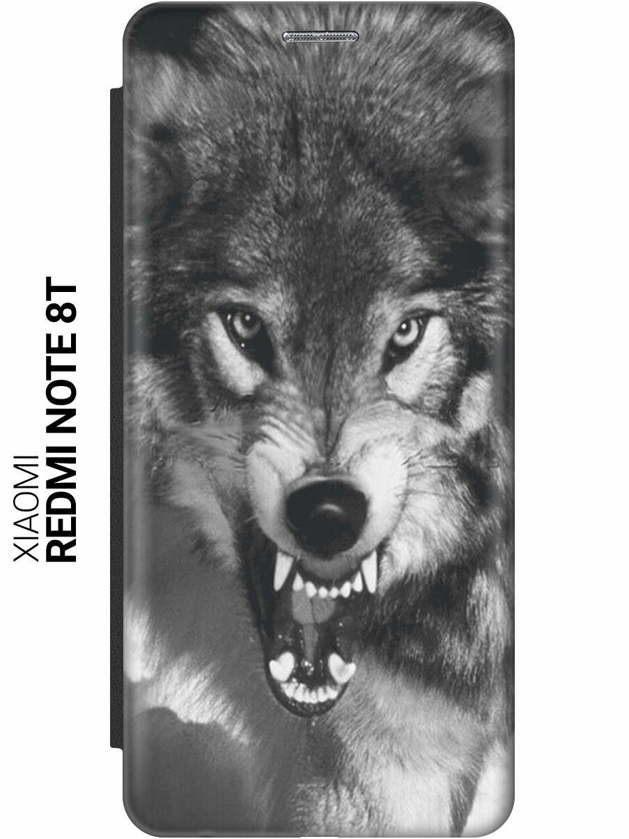 Чехол-книжка на Xiaomi Redmi Note 8T, Сяоми Редми Ноут 8Т с 3D принтом "Волчий оскал" черный