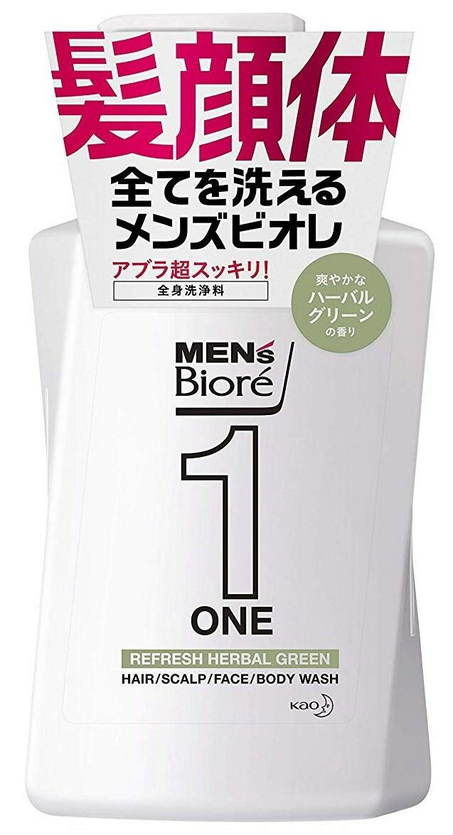 Kao Men's Biore One Refresh Herbal Green Гель для лица, тела и волос Всё в одном очищающий с ароматом трав 480 мл с дозатором