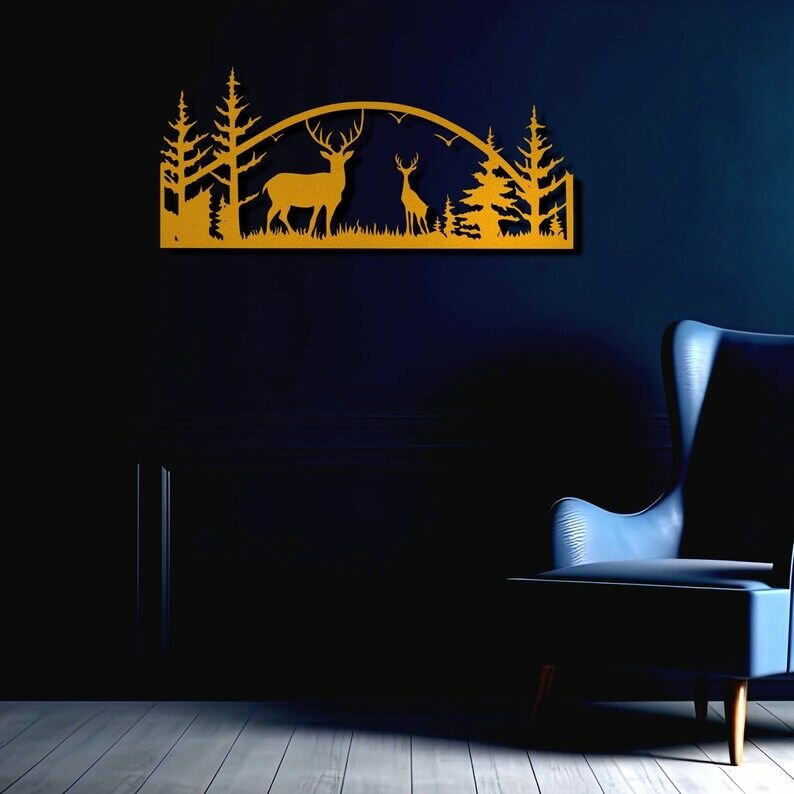 Декоративное панно деревянное, Олени в лесу (матовое золото)