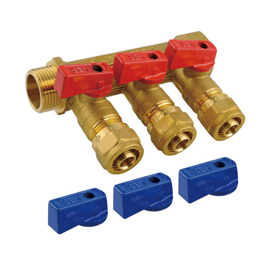 Коллектор с шаровыми кранами 3 выхода 3/4"х16 (ЕК) под цангу, латунь, ViEiR арт. VR703