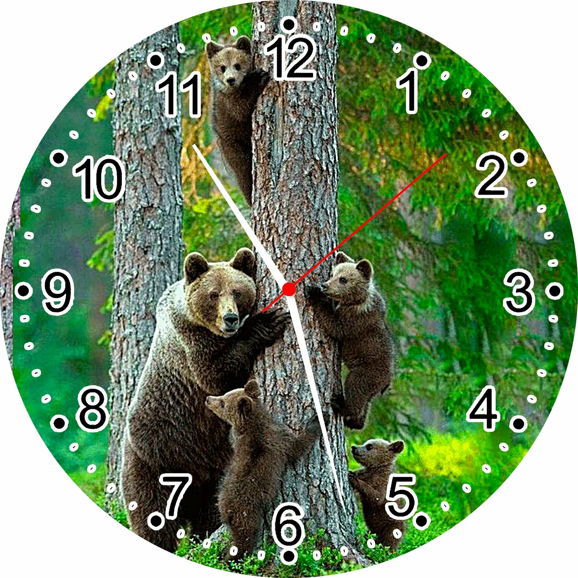 Медведь и медвежата /Медведи/ Утро в сосновом лесу/ Часы из древесины прессованной (МДФ) D-27 см, толщина - 5 мм, Настенные и Настольные с подставкой в комплекте , бесшумные, поднимающие настроение, Авторские с уникальной фотографией утра в лесу/Новинка