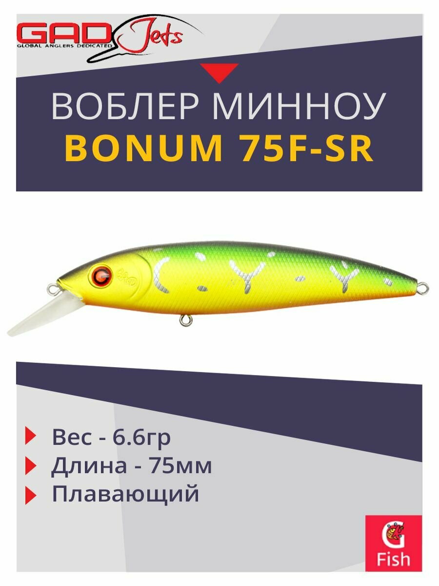Воблер для рыбалки GAD BONUM 75F-SR, 75 мм, 6.6 гр, заглубление 0.5-0.8, цвет 010, плавающий