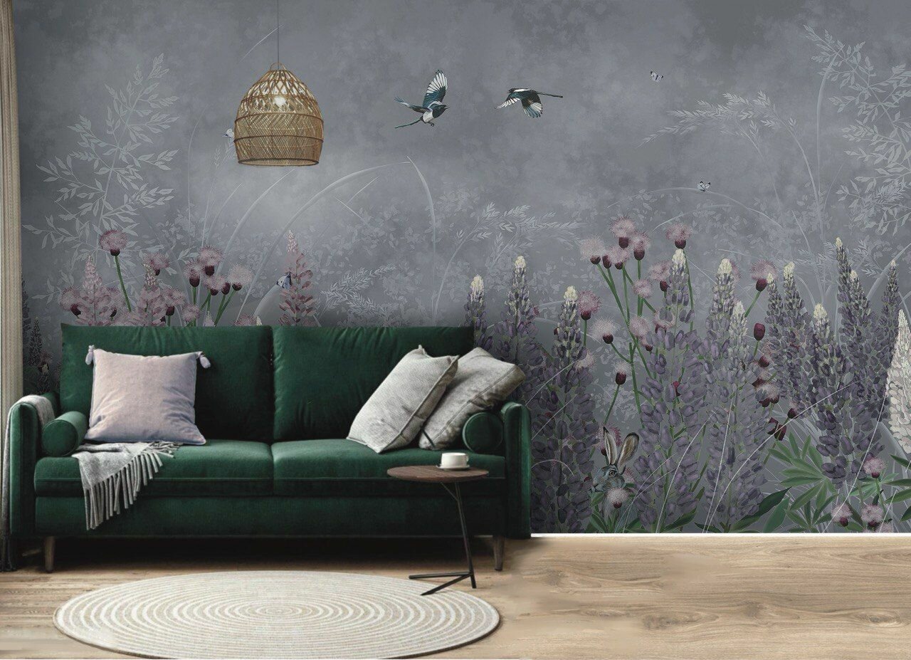 Фреска бесшовная "Акварельные люпины" светло-серый (ширина 2750мм х длина 2500мм)