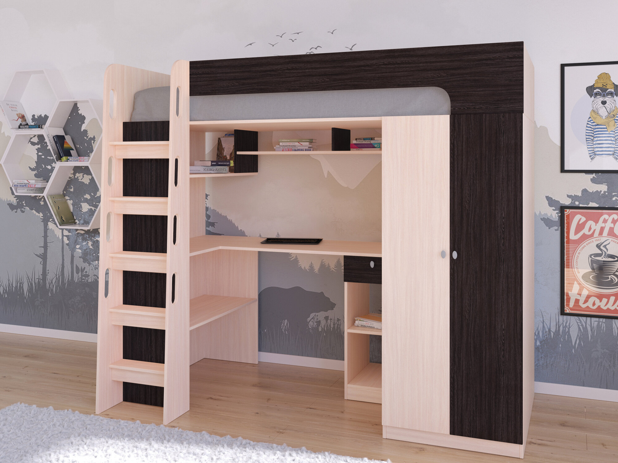 Кровать-чердак Астра 10, дуб молочный/венге, 80х195, со шкафом для одежды и столом