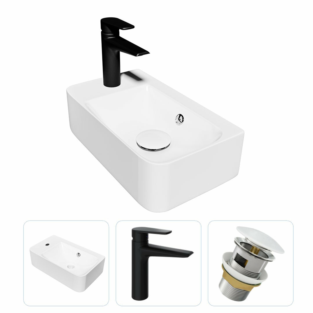 Раковина подвесная для ванной Teymi Hanna 45 левая в комплекте смеситель черный матовый и донный клапан клик-клак с переливом белый F07772