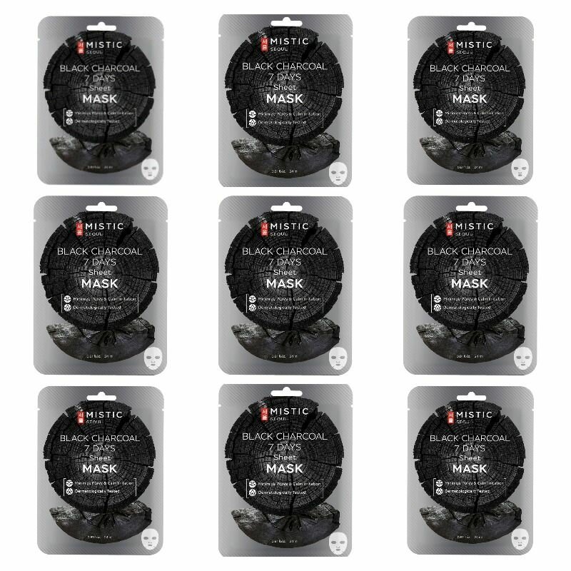 MISTIC Маска для лица тканевая Black Charcoal 7 Days Sheet Mask, с древесным углём, 24 мл, 9 шт