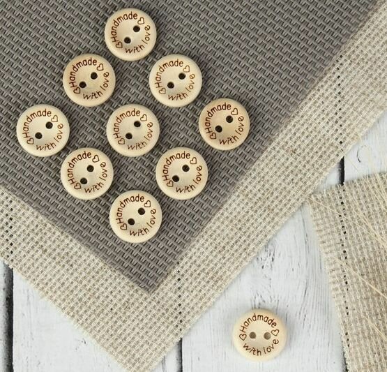 Пуговки-бирки для творчества и рукоделия Handmade with love деревянные круглые (15 мм, набор 10 шт)