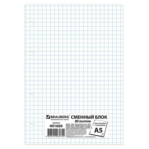 Сменный блок к тетради на кольцах, А5, 80 л, BRAUBERG, "Белый", 401660