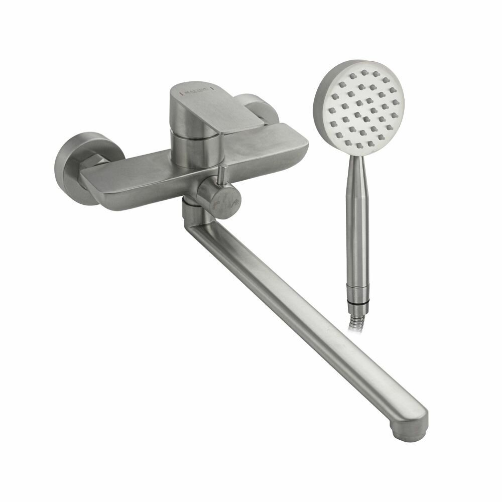 Магнус - Смеситель в ванную, длинный излив, литой корпус, шаровый, с дивертором на корпусе, из нержавеющей стали марки 304