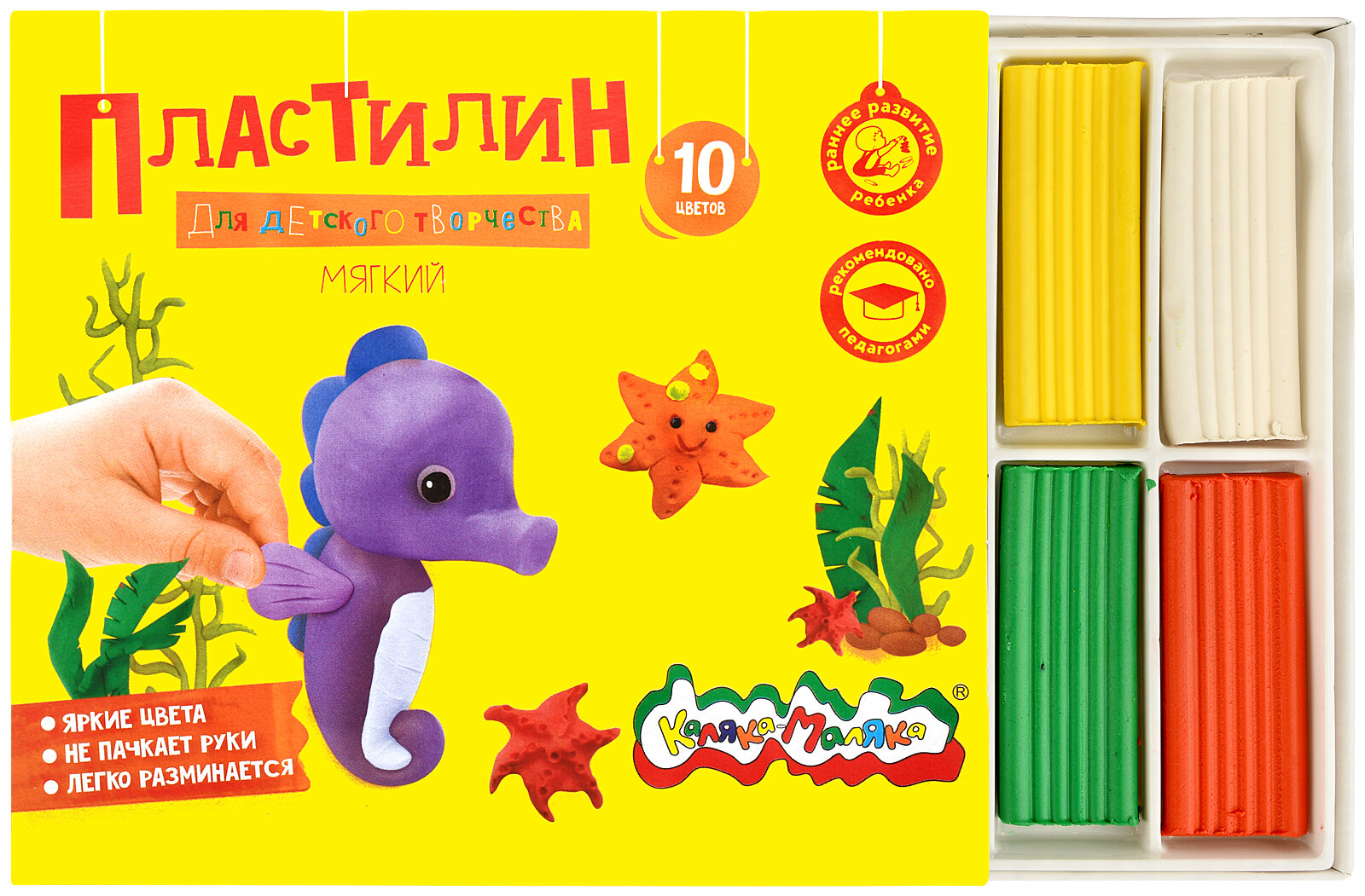 Пластилин Каляка-Маляка, восковый, мягкий, со стеком, 10 ярких цветов