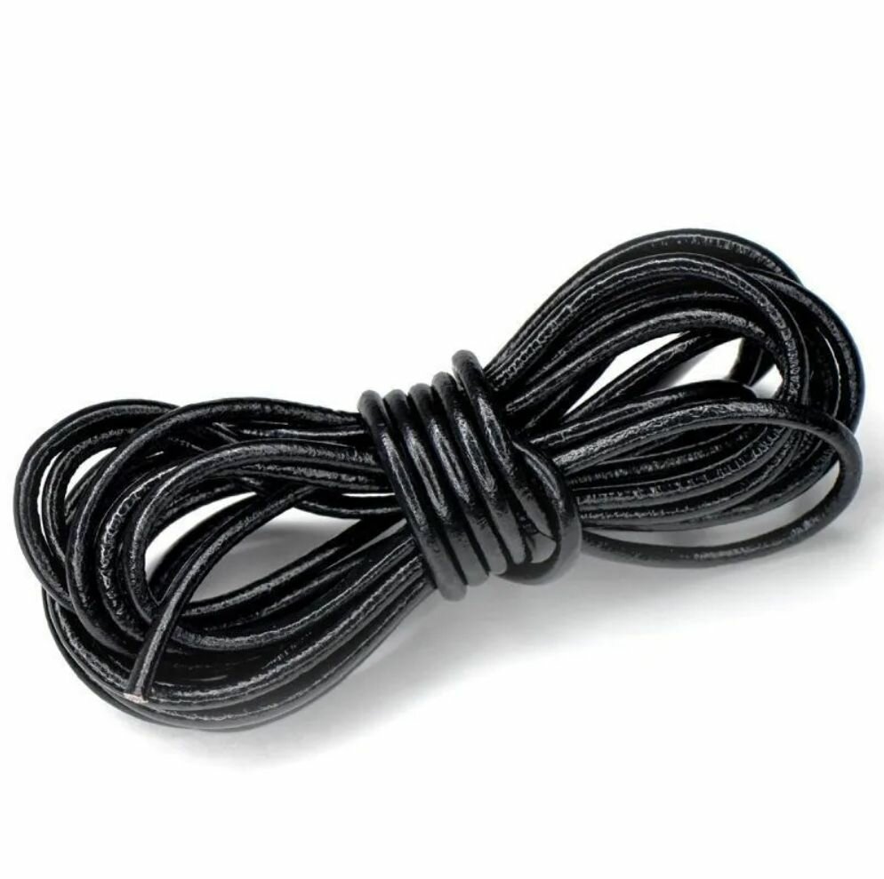 Шнур, натуральная кожа, черный, круглый, глянцевый, гладкий, 3м