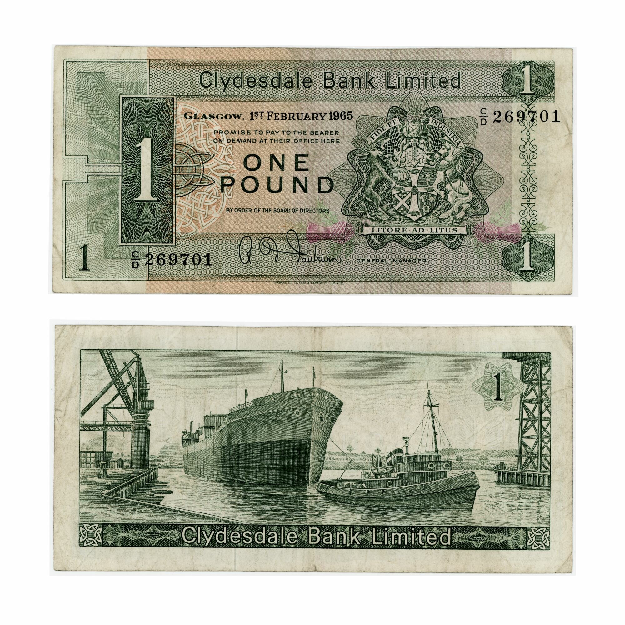 Банкнота Шотландия 1 фунт ONE POUND 1965 год Fine (F) Pick 197