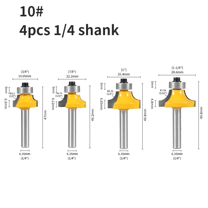 Угловые фрезы из сплава вольфрама и кобальта для дерева 4pcs 6.35mm shank