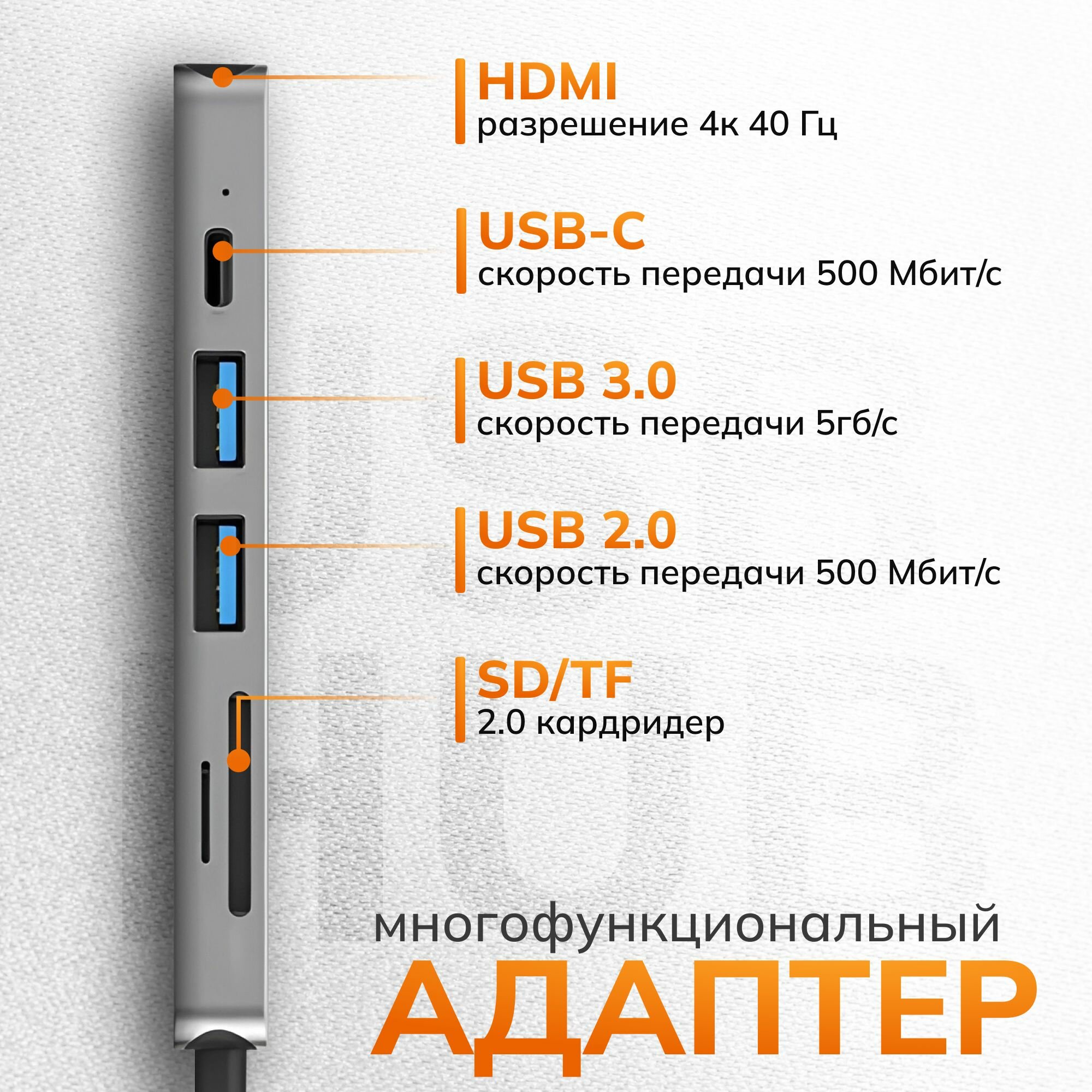 Переходник для ноутбука универсальный. USB хаб разветвитель. HDMI адаптер. Type-C hub, HDMI, USB 3.0, USB, USB-С, Micro SD, TF