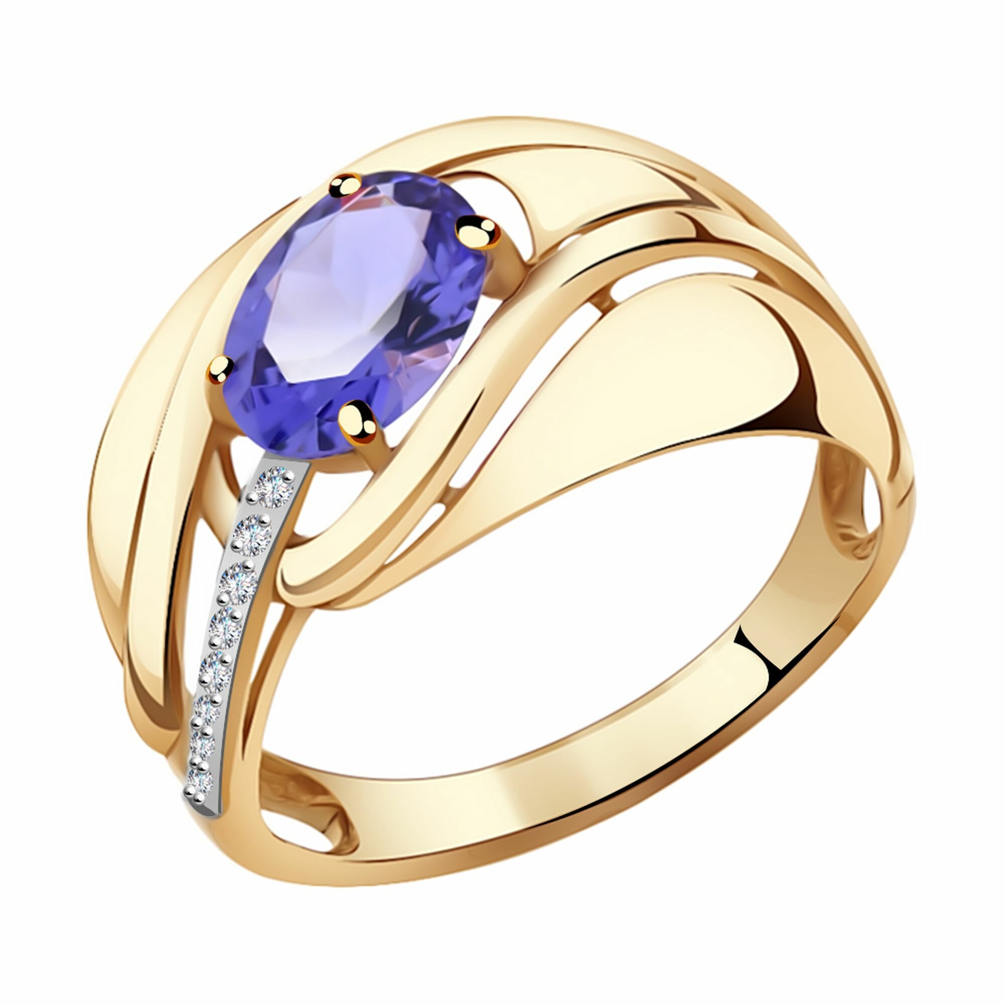 Кольцо, красное золото, 585 проба, фианит, танзанит