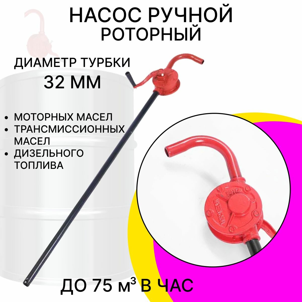 Насос роторный ручной для перекачки из бочки моторных, трансмиссионных масел, дизельного топлива и прочих ГСМ