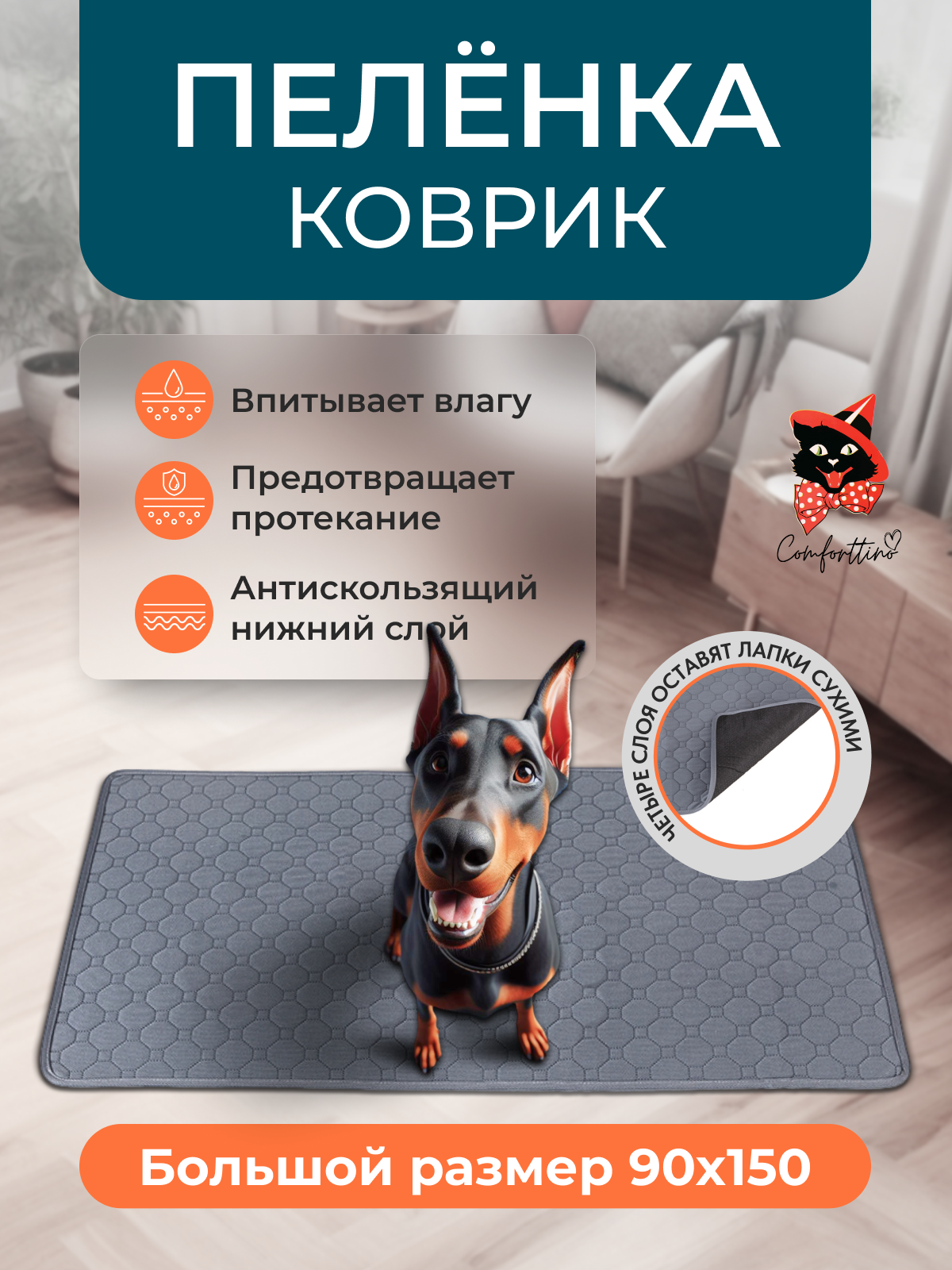 Пеленка для собак многоразовая 90 x 150 см супер большая впитывающая с нескользящим покрытием для животных