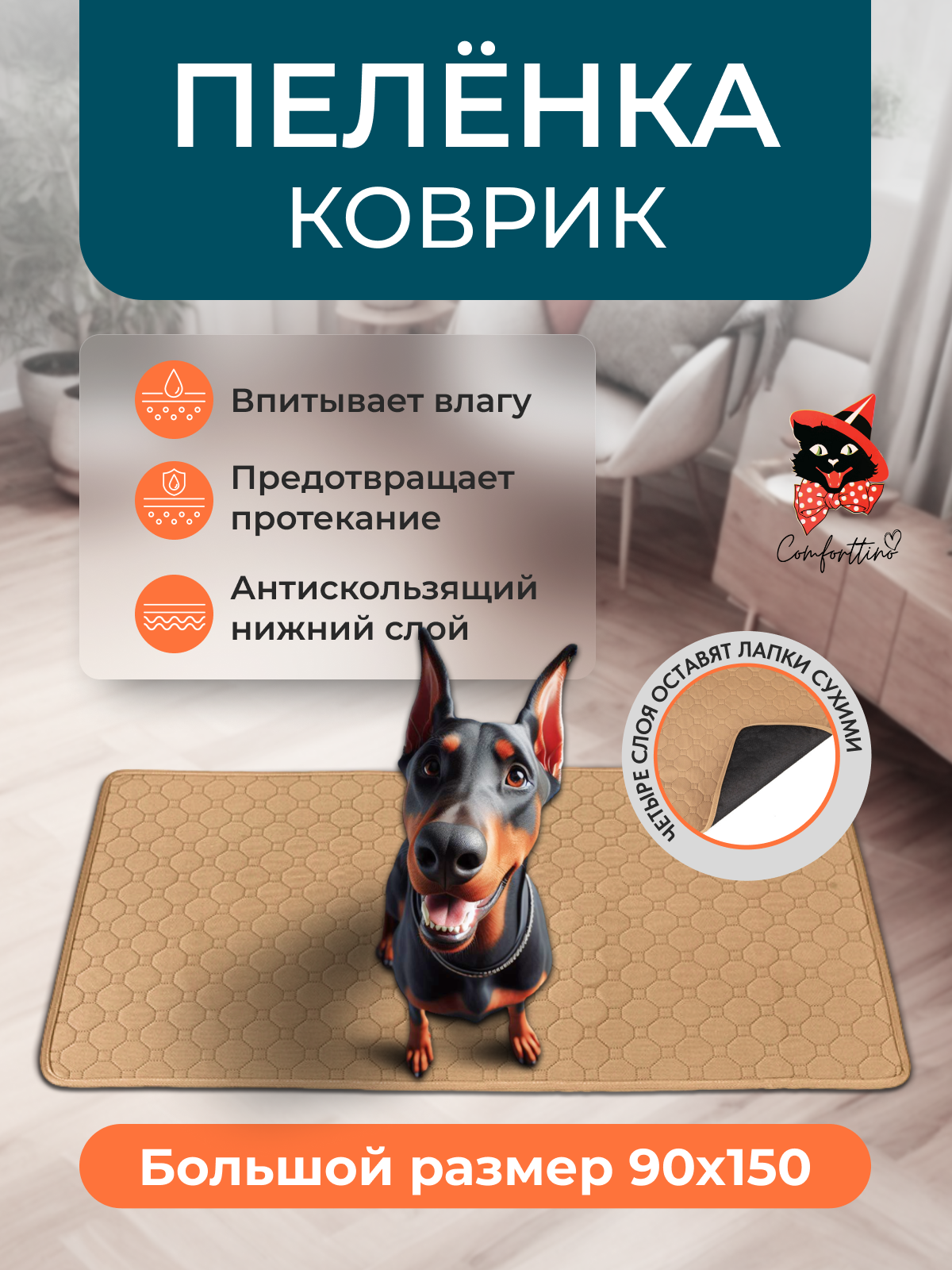 Пеленка для собак многоразовая 90 x 150 см супер большая, впитывающая с противоскользящим покрытием для защиты мебели от животных крупных пород; подстилка для животных.